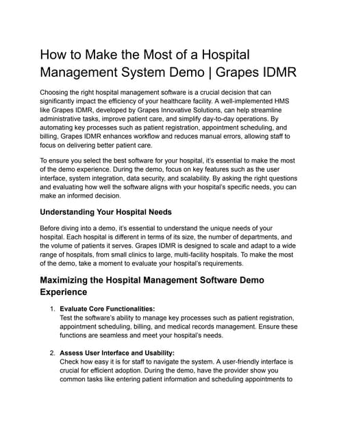 Grapes HMS | Grapes IDMR | Healthcare Management System | PDF