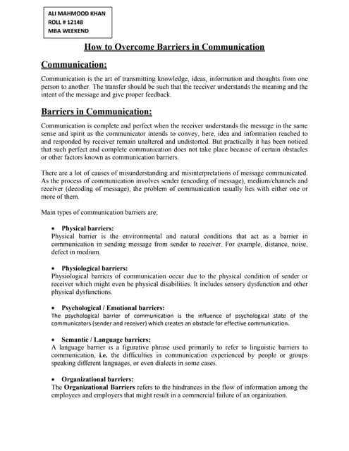 Overcoming barriers of communication | PPTX | Business Administration ...