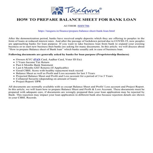 How To Prepare Balance Sheet For Bank Loan | PDF