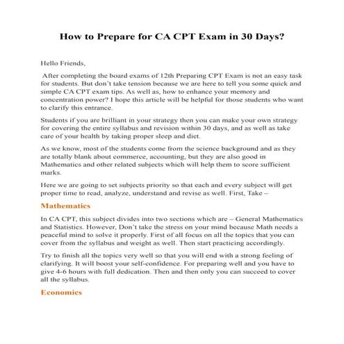 How to prepare for ca cpt exam in 30 days | DOC