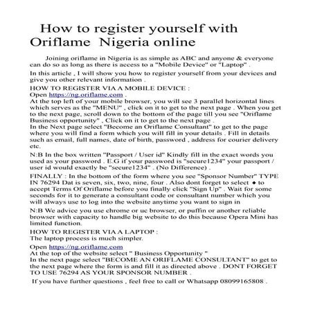 How to register yourself online to join oriflame nigeria | PDF