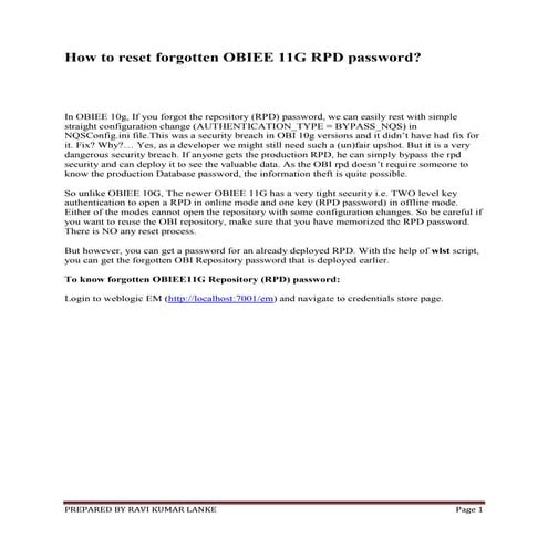 How To Reset Forgotten Obiee 11 G Rpd Passwd Pdf