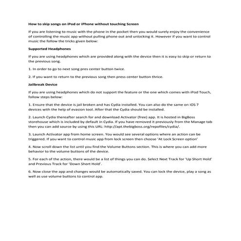 How to skip songs on i pod or iphone without touching screen | DOCX