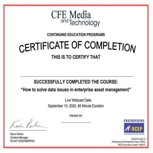 Certificate of Completion "How to Solve Data Issues in Enterprise Asset Management" Online ...