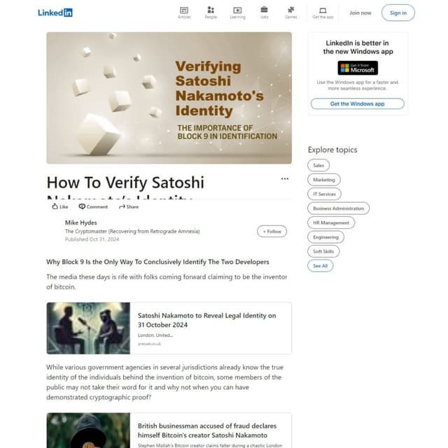 How To Verify Satoshi Nakamoto's Identity (LinkedIn) | PDF