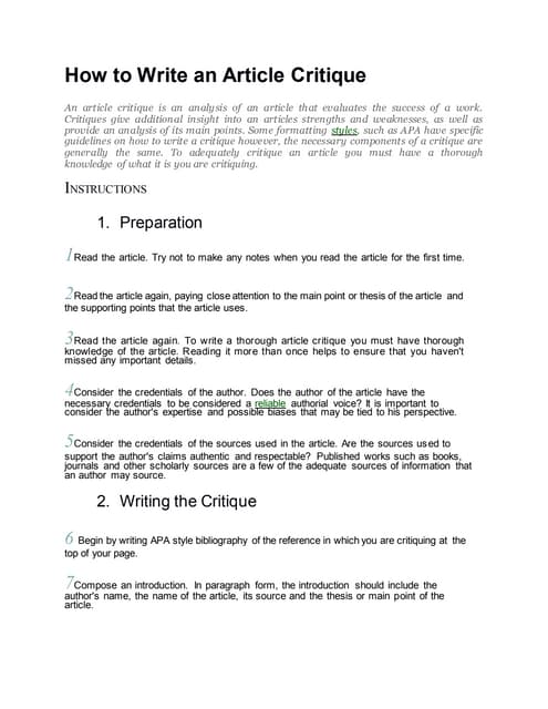 Critique Paper Format Features AND Structure OF A Critique Paper