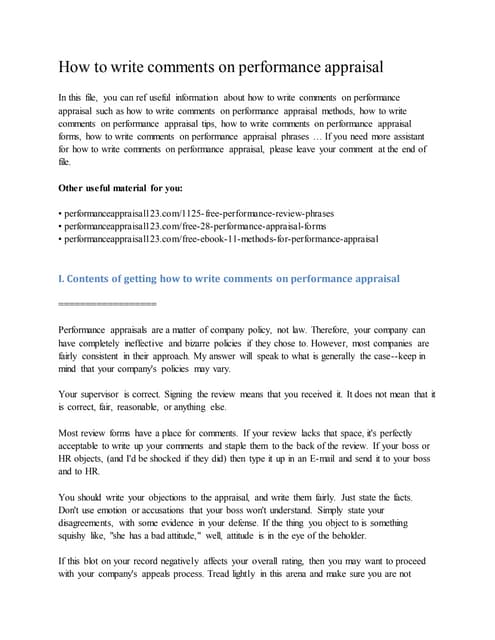 Employee performance appraisal comments