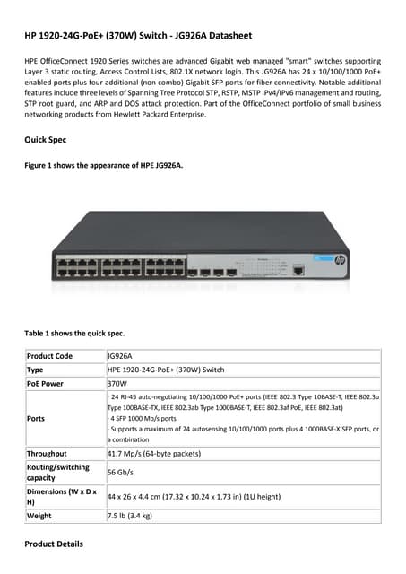 HP 2920-48G Switch - J9728A Datasheet | PDF | Computer Networking | Computing
