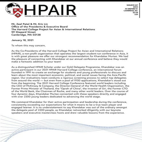 HPAIR Harvard Conference 2021 - Letter of Recommendation | PDF