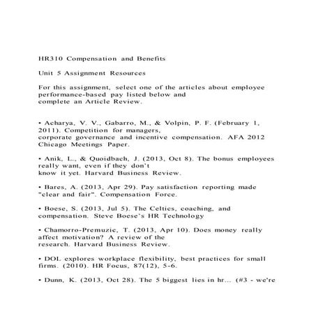 Hr310 compensation and benefits unit 5 assignment resource | DOCX