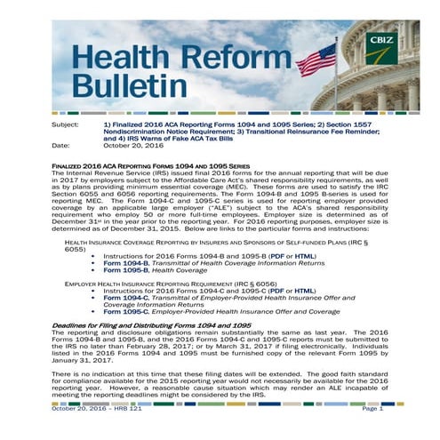 Health Reform Bulletin 121 | Finalized 2016 ACA Reporting Forms | PDF