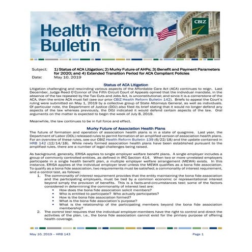 Health Reform Bulletin 143 | Status of ACA Litigation; Murky Future of ...