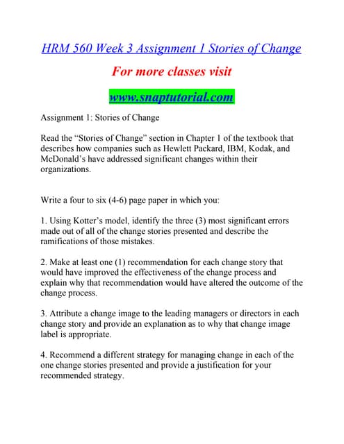 Hrm 560 week 10 assignment 4 change management plan | PDF