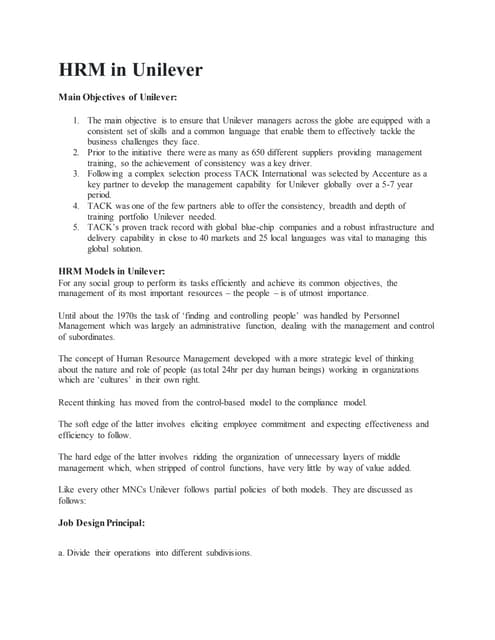 UNILEVER MANAGEMENT DEVELOPMENT AND JOB ANALYSIS & ORGANIZATION ...