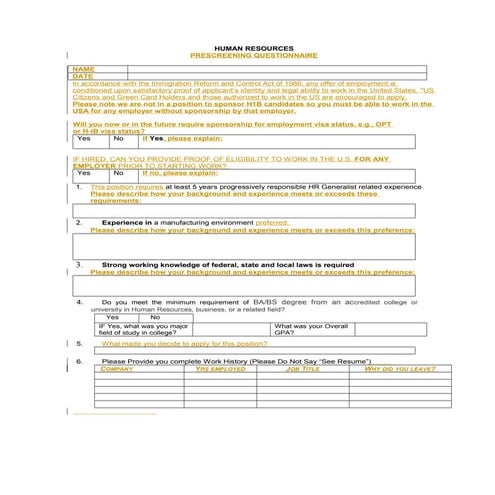 Hr prescreening questionnaire | DOC