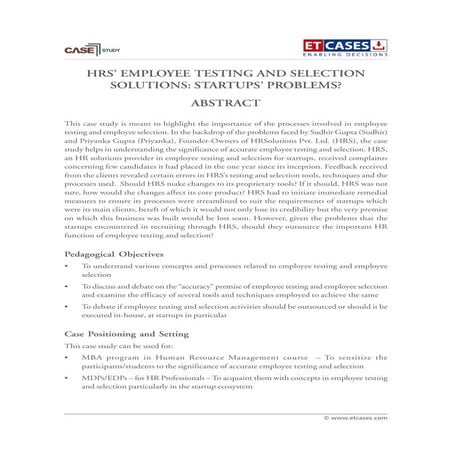 HRS' Employee Testing and Selection Solutions: Startups’ Problems? | PDF