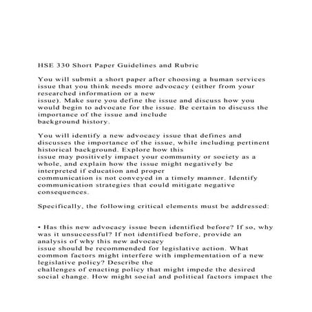 HSE 330 Short Paper Guidelines and Rubric You will sub.docx