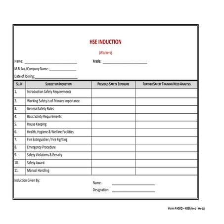 HSE INDUCTION Form # HSEQ - HSEI Rev 2 -.doc