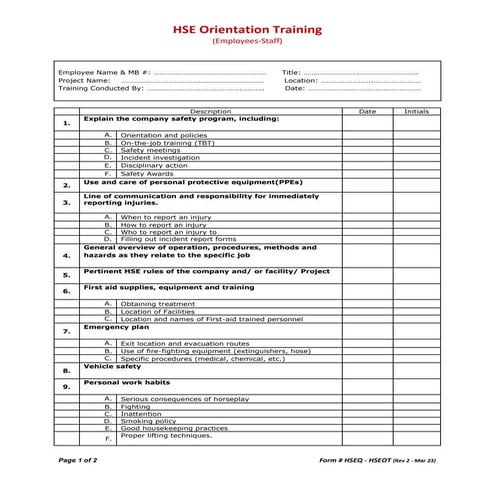 HSE ORIENTATION TRAINING (EMPLOYEES-STAFF) Form # HSEQ - HSEOT Rev 2 -.docx