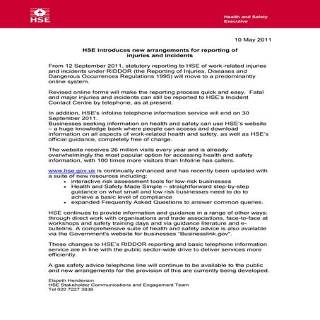 HSE Statement on RIDDOR Reporting (10-5-11) | PDF
