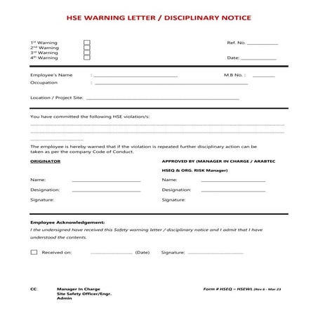 HSE WARNING LETTER-DISCIPLINARY NOTICE Form # HSEQ - HSEWL Rev 6.doc