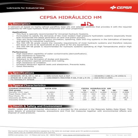Olio Idraulico Cepsa - Hidráulico HM ISO 32, 46, 68 - Fornid | PDF