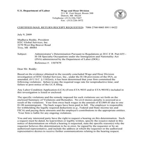 Htc Global Services Us Dol Determination Letter | PDF | Legal Services ...
