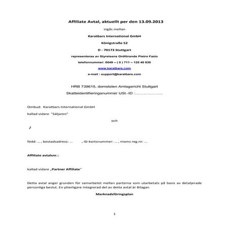 Affiliate Avtal, aktuellt per den 13.09.2013 = Suécia | PDF