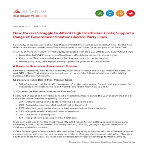 Hub Altarum data brief no. 37 - New York healthcare affordability | PDF