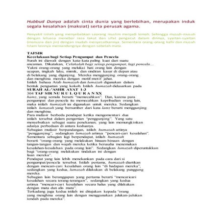 Hubbud dunya adalah cinta dunia yang berlebihan | DOCX