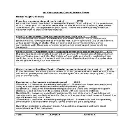 Hugh galloway a2 coursework overall marks sheet | PDF