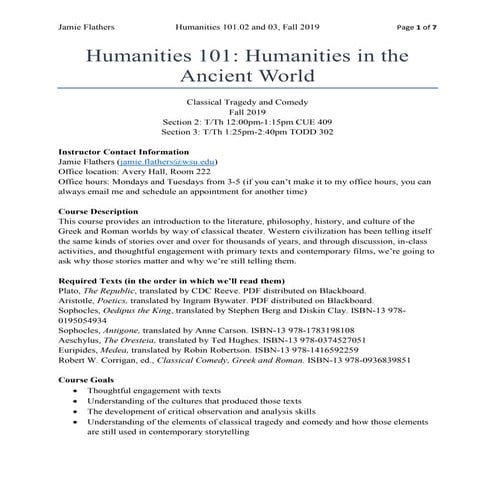 Hum 101 syllabus section 2 and 3 final fall2019 | PDF