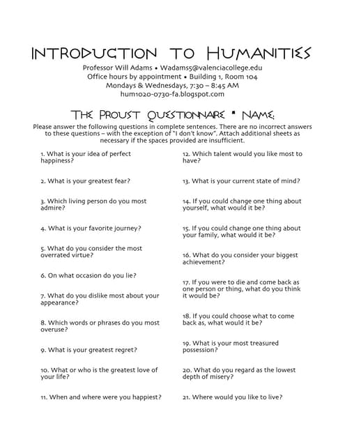 HUM2220 Proust Questionnaire | PDF