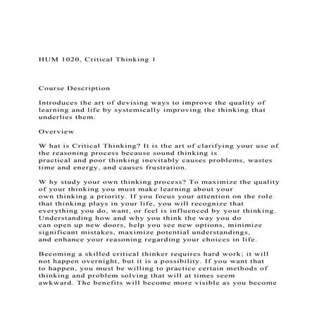 HUM 1020, Critical Thinking 1 Course Description .docx