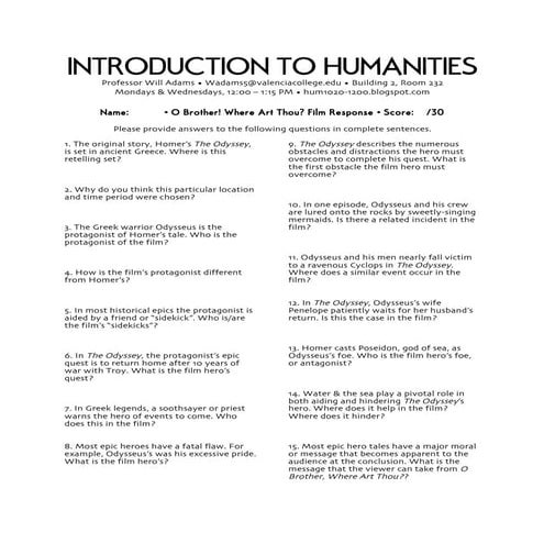 Hum1020 fa2014 o brother where art thou film response | PDF