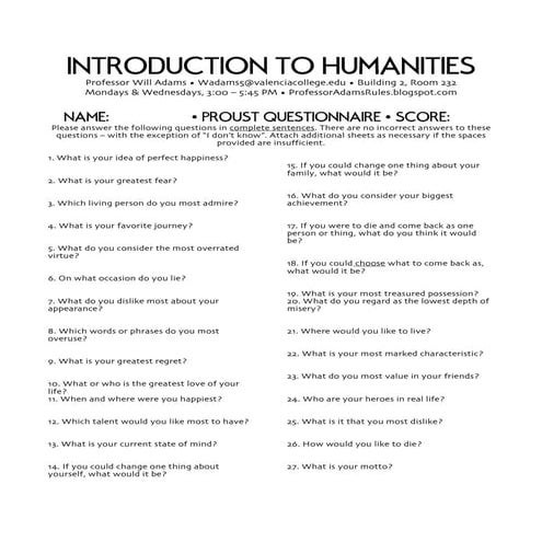 Hum1020 0730 proust questionnaire | PDF