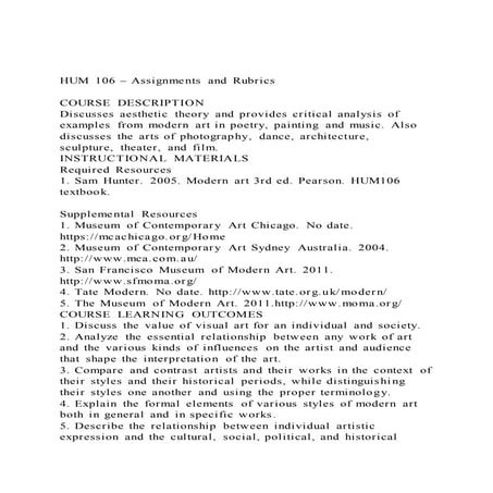 HUM 106 – Assignments and RubricsCOURSE DESCRIPTIONDiscuss | DOCX