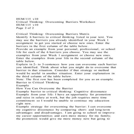 HUM115 v10Critical Thinking Overcoming Barriers WorksheetHUM | DOCX