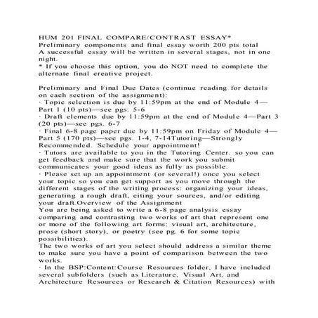 HUM 201 FINAL COMPARECONTRAST ESSAYPreliminary components and fi | DOCX