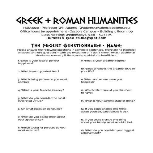 HUM2220 Proust Questionnaire | PDF