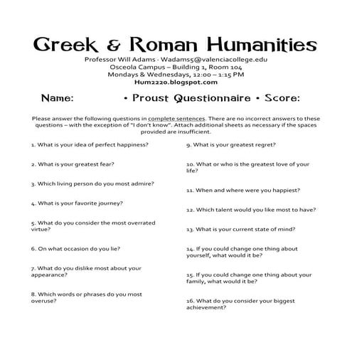 Hum1020 0730 proust questionnaire | PDF