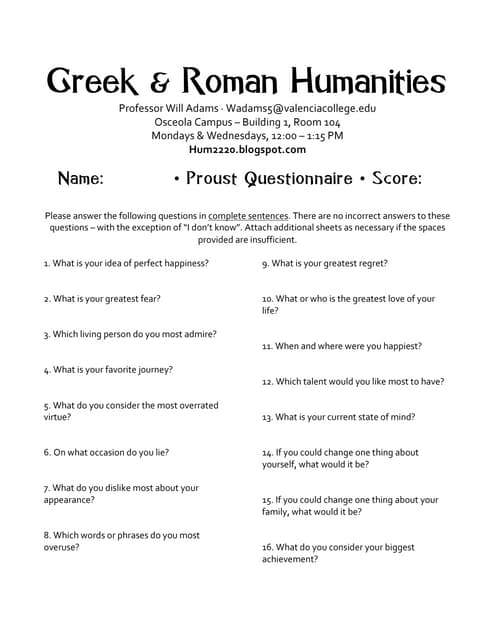 Hum2310 sp2015 proust questionnaire | PDF