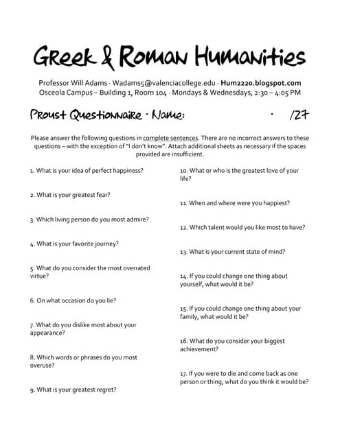 Hum2310 sp2015 proust questionnaire | PDF