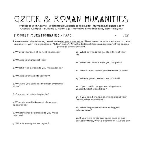 Hum1020 0730 proust questionnaire | PDF