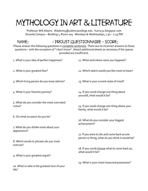 Hum2310 fa2014 proust questionnaire | PDF
