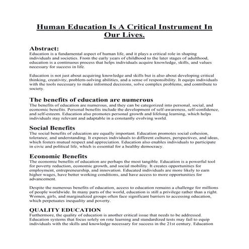 Human Education Is A Critical Instrument In Our Lives. | PDF