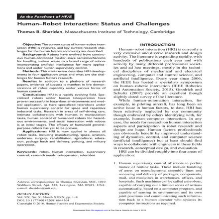 Human–Robot Interaction: Status and Challenges. Sheridan MIT | PDF