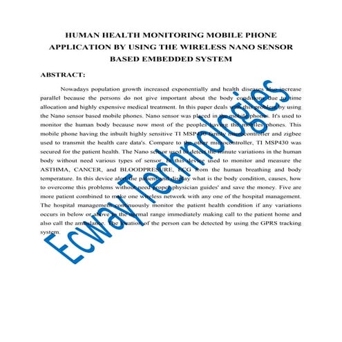 Human health monitoring mobile phone application by using the wireless nano sensor based ...