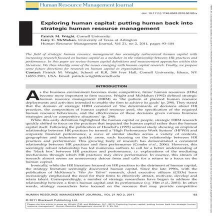 Human Res Mgmt Journal - 2011 - Wright - Exploring human capital putting human back into ...