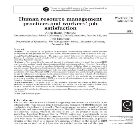 Human Resource Management Practices And Workers Job Satisfaction | PDF
